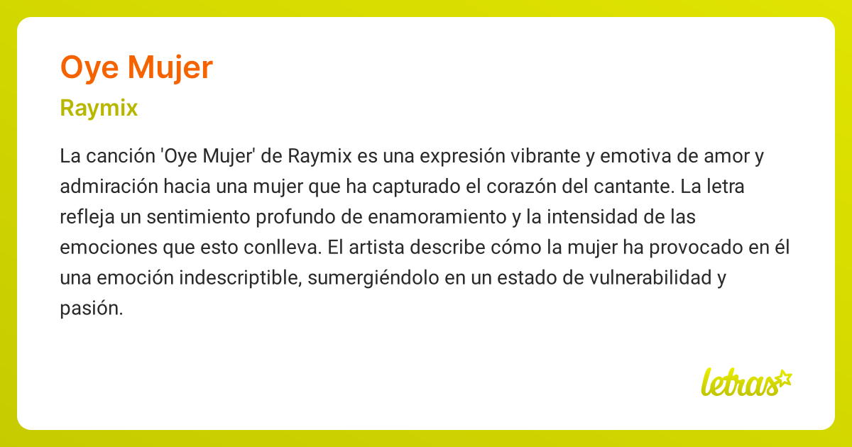 Significado de la canción OYE MUJER (Raymix) - LETRAS.COM