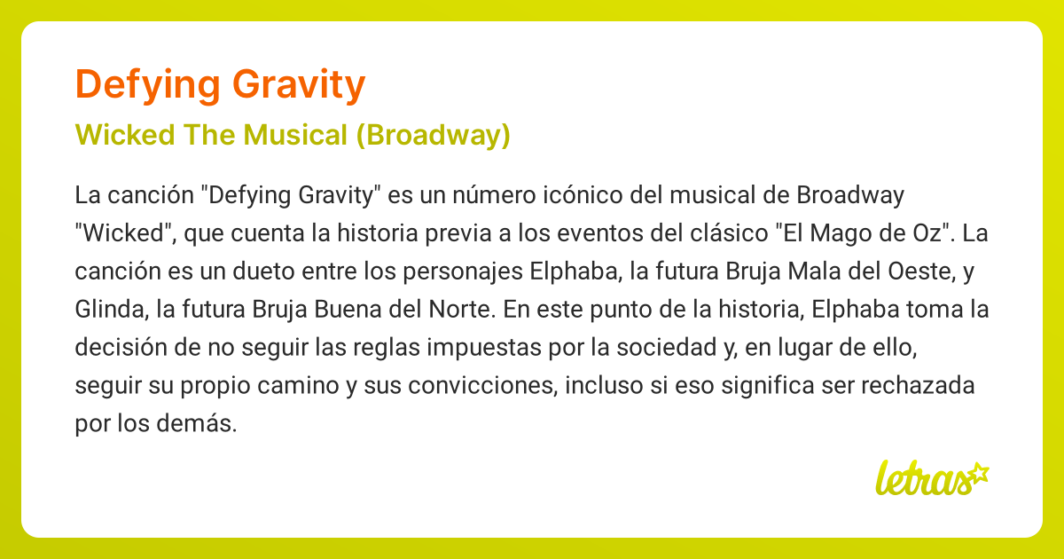 Significado de la canción DEFYING GRAVITY (Wicked The Musical (Broadway ...