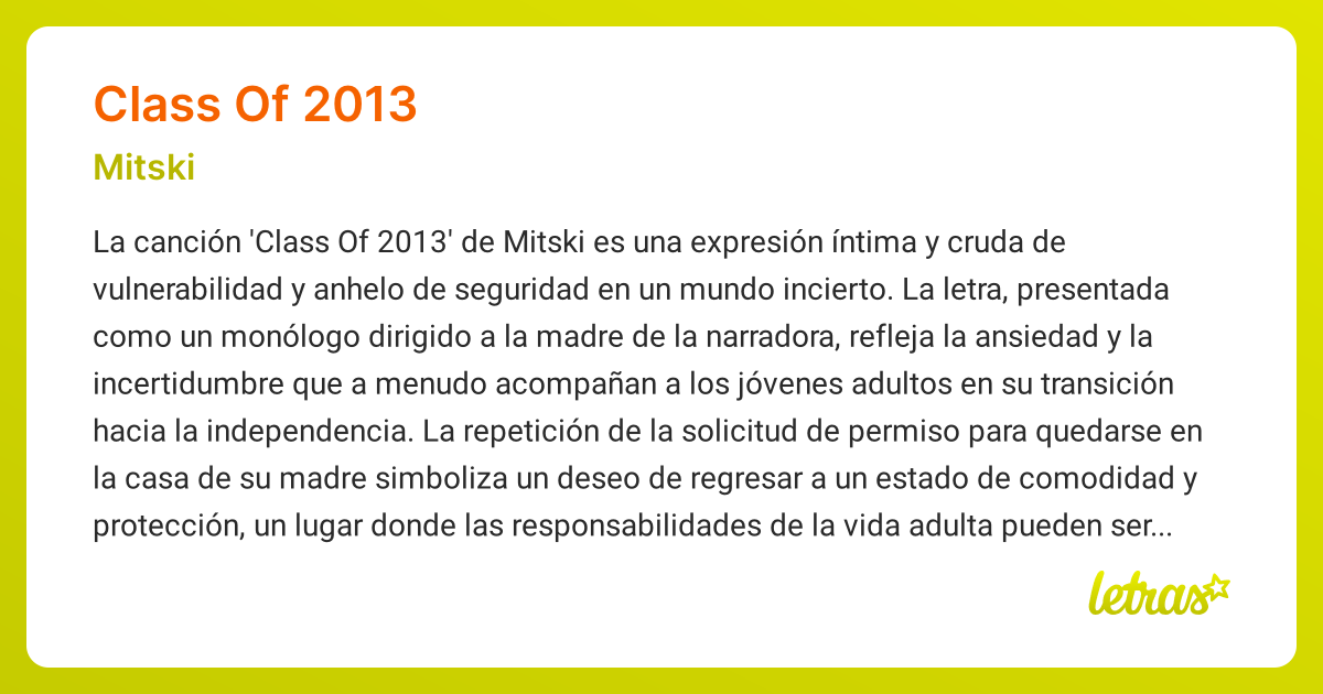 Significado de la canción CLASS OF 2013 (Mitski) - LETRAS.COM