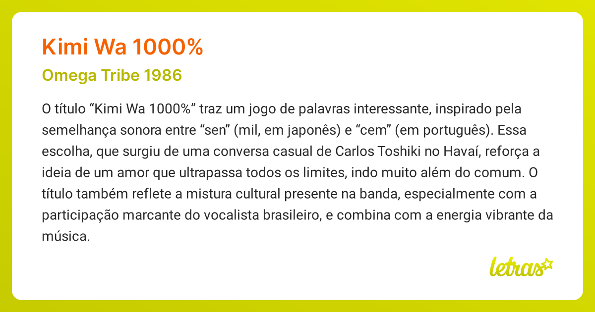 Significado da música KIMI WA 1000% (Omega Tribe 1986) - LETRAS.MUS.BR