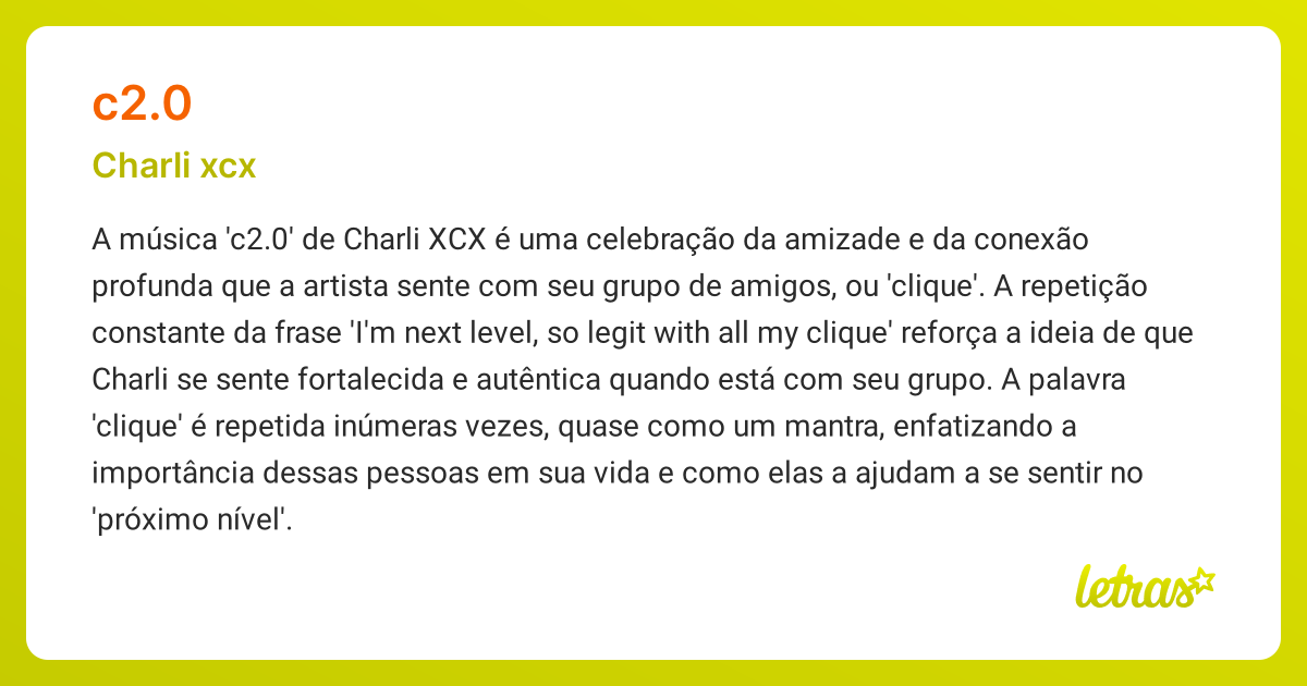 Significado da música C2.0 (Charli xcx) - LETRAS.MUS.BR