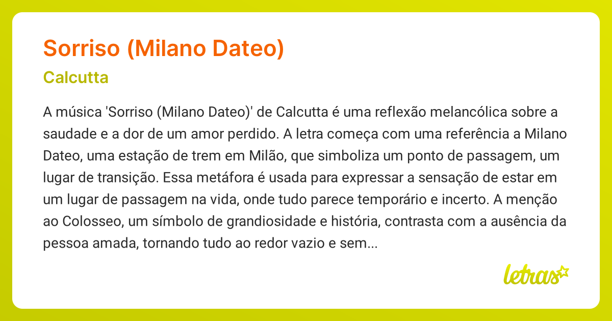 Significado da música SORRISO (MILANO DATEO) (Calcutta) - LETRAS.MUS.BR