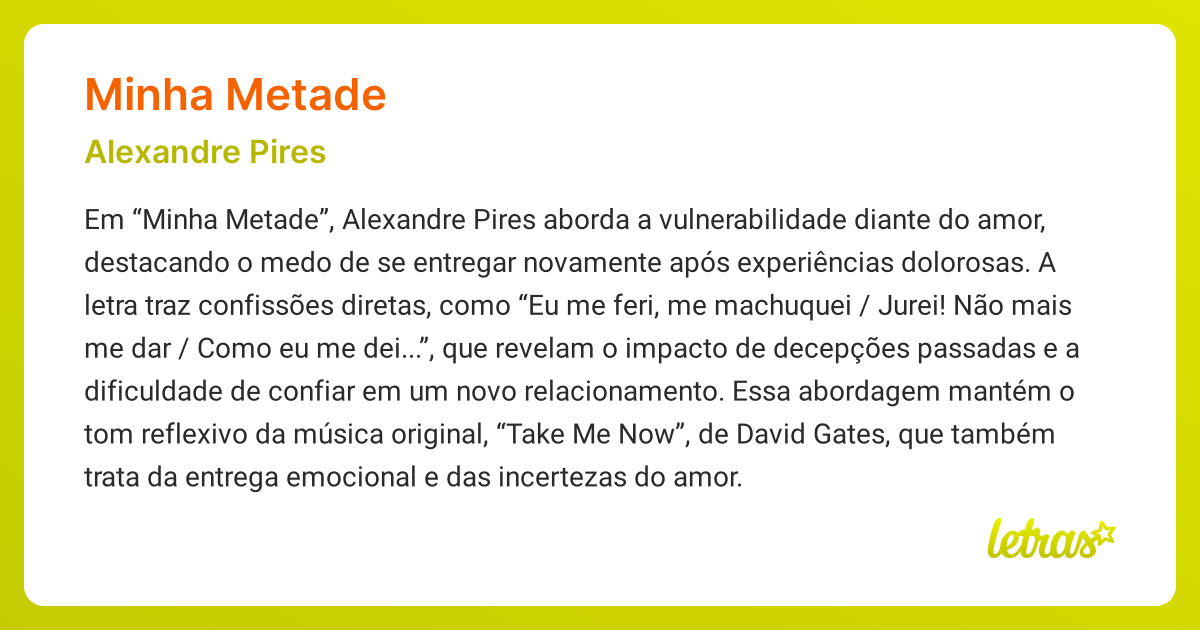 Significado da música MINHA METADE (Alexandre Pires) - LETRAS.MUS.BR