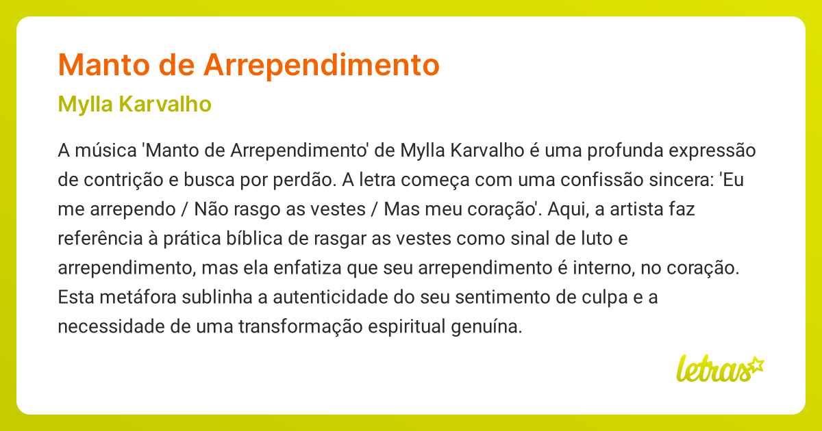 Significado da música MANTO DE ARREPENDIMENTO (Mylla Karvalho) - LETRAS ...