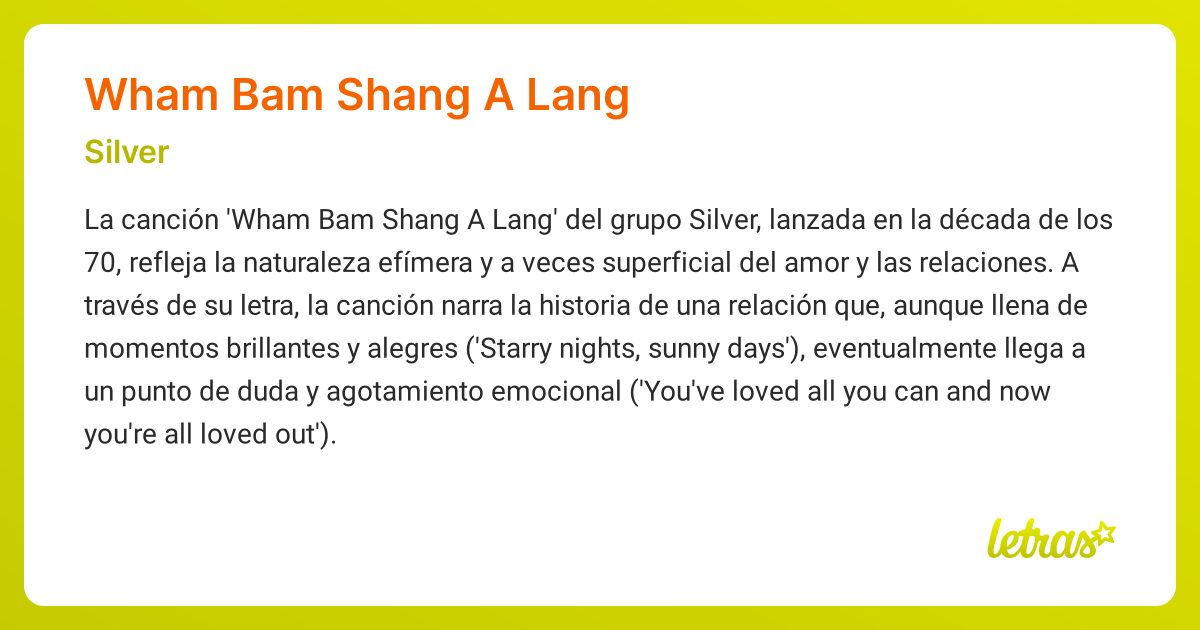 Significado de la canción WHAM BAM SHANG A LANG (Silver) - LETRAS.COM