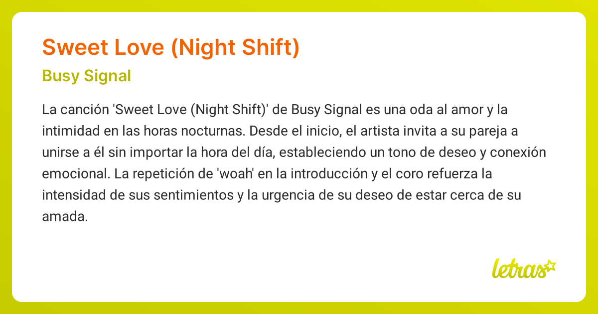 Significado de la canción SWEET LOVE (NIGHT SHIFT) (Busy Signal ...