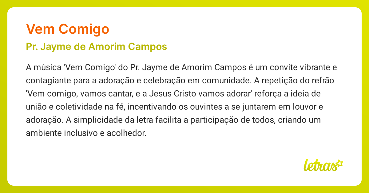Significado da música VEM COMIGO (Pr. Jayme de Amorim Campos) - LETRAS.MUS.BR