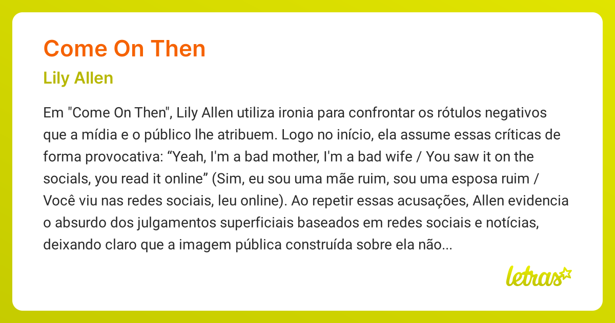 Significado da música COME ON THEN (Lily Allen) - LETRAS.MUS.BR