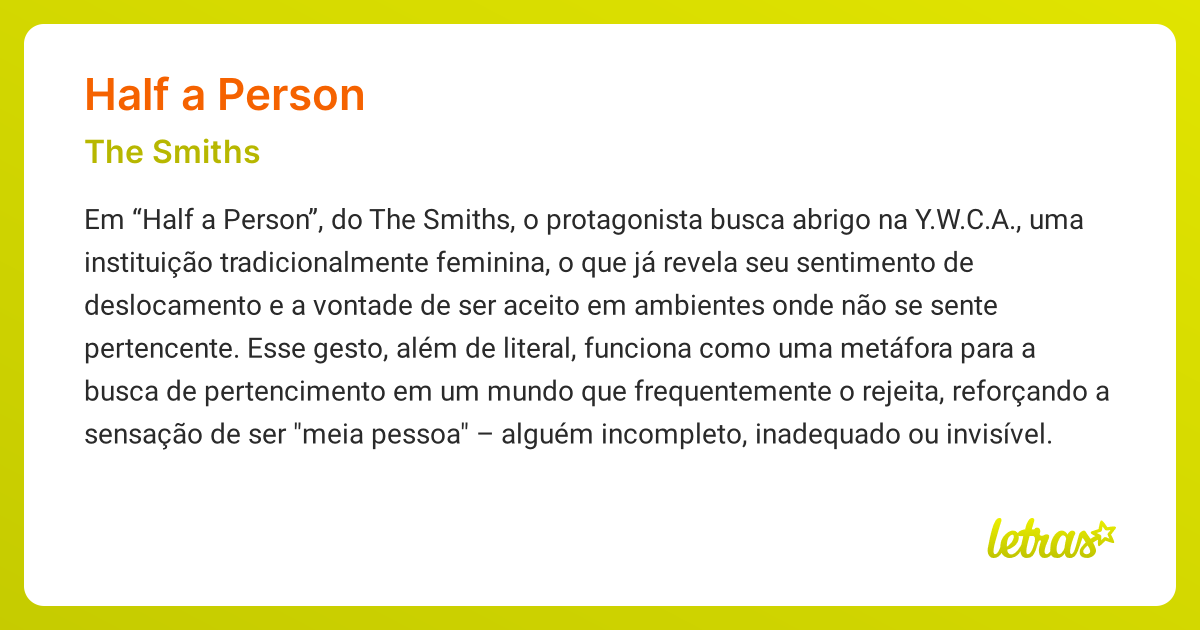 Significado da música HALF A PERSON (The Smiths) - LETRAS.MUS.BR