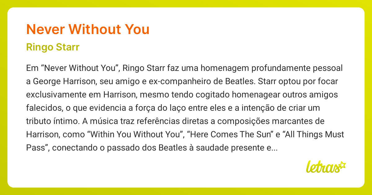 Significado da música NEVER WITHOUT YOU (Ringo Starr) - LETRAS.MUS.BR