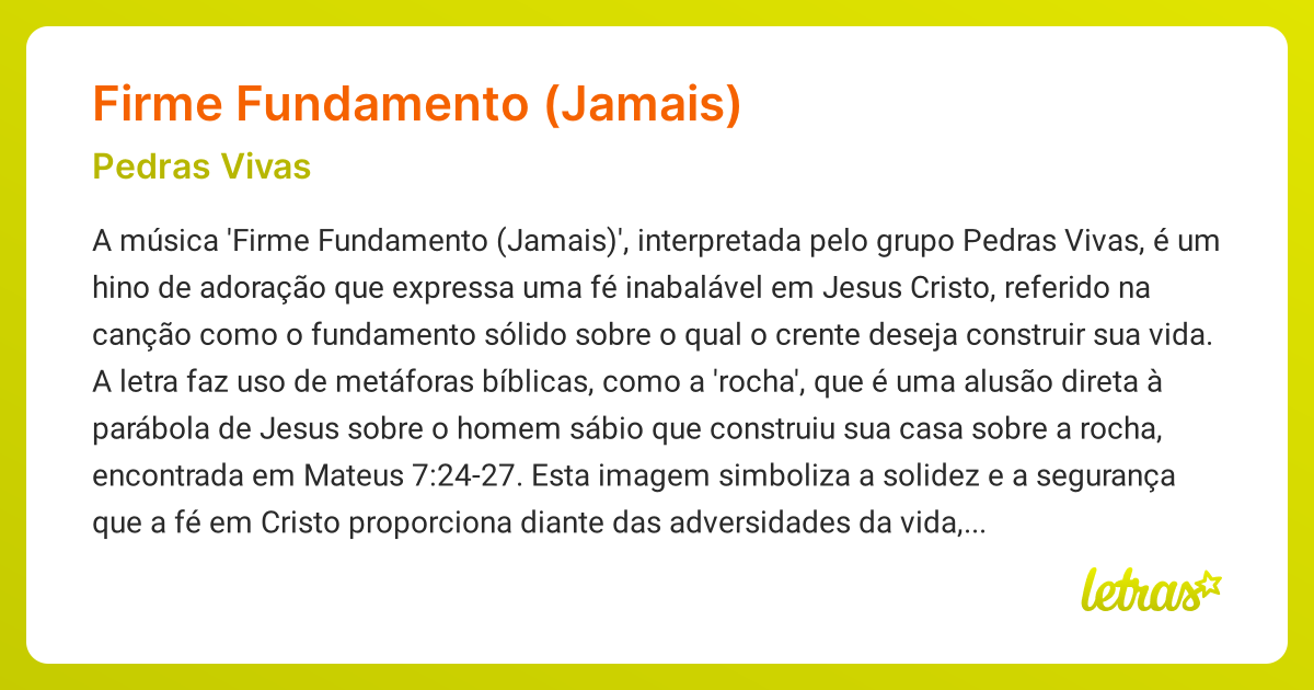 Significado da música FIRME FUNDAMENTO (JAMAIS) (Pedras Vivas) - LETRAS ...