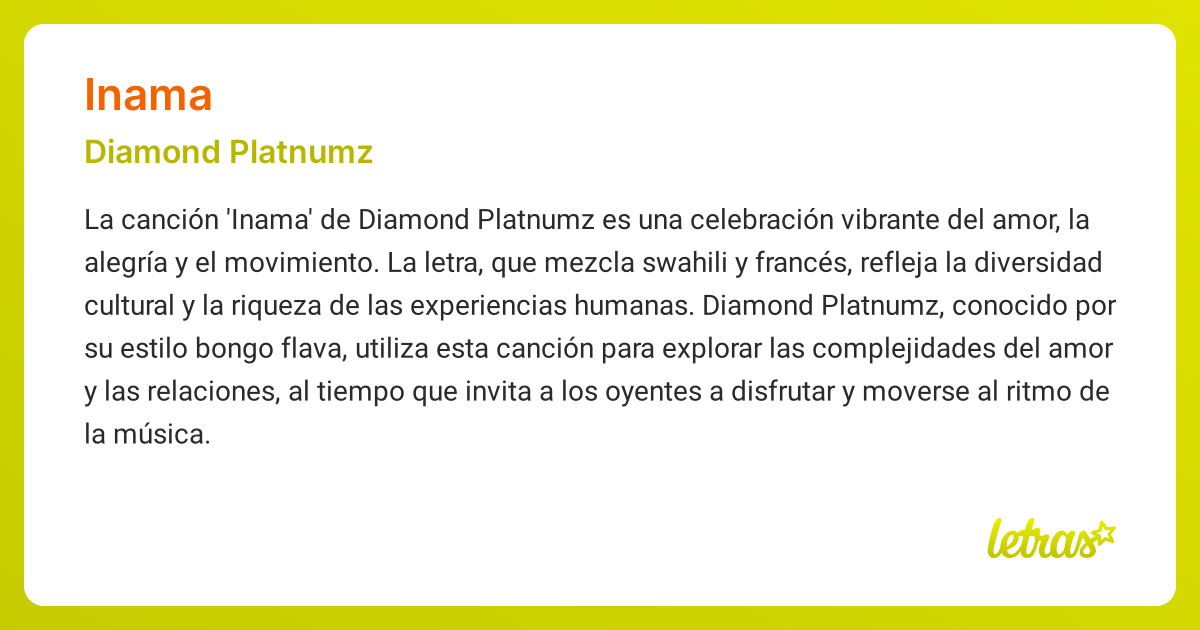 Significado de la canción INAMA (Diamond Platnumz) - LETRAS.COM