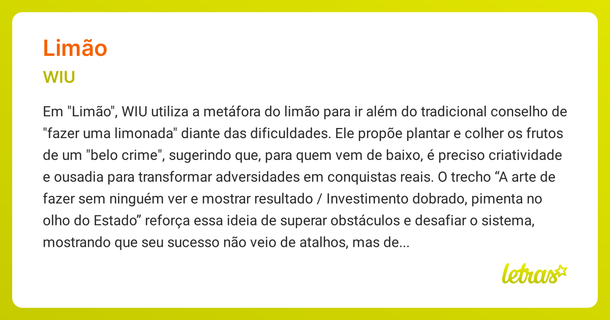 Significado da música LIMÃO (WIU) - LETRAS.MUS.BR