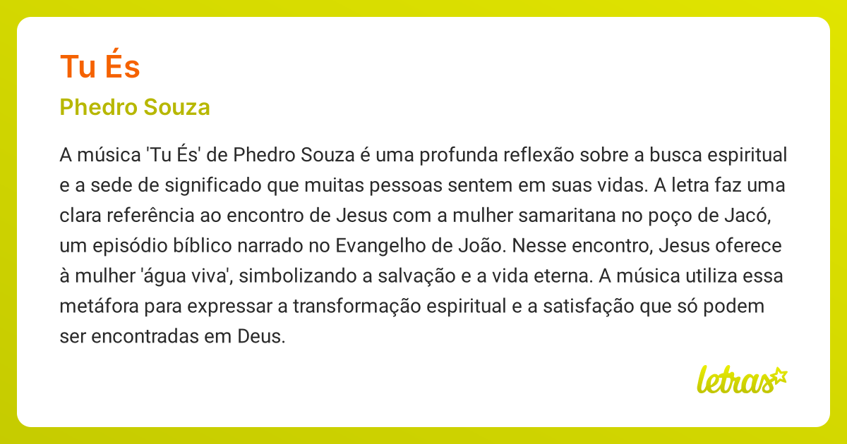 Significado da música TU ÉS (Phedro Souza) - LETRAS.MUS.BR