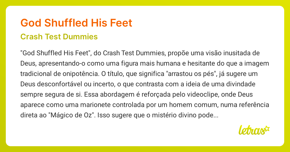 Significado da música GOD SHUFFLED HIS FEET (Crash Test Dummies ...