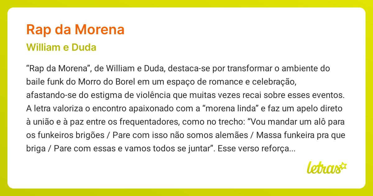 Significado da música RAP DA MORENA (William e Duda) - LETRAS.MUS.BR