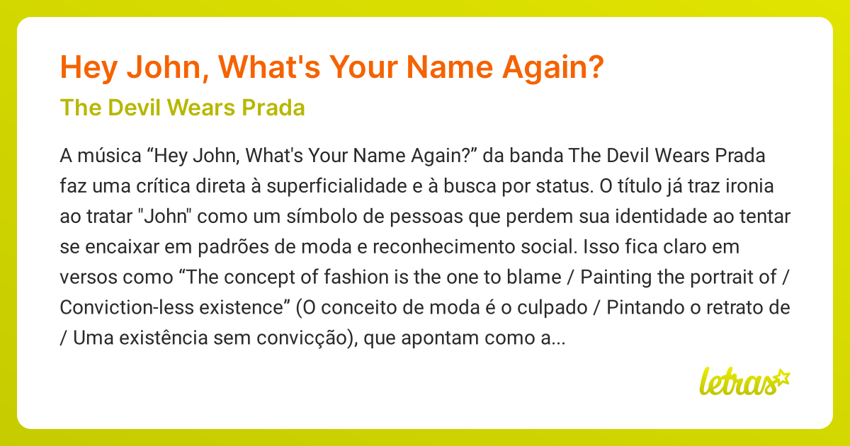 Significado da música Hey John, What's Your Name Again? (The Devil ...