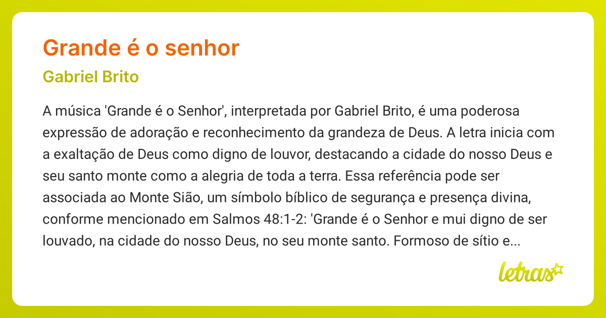 Significado da música GRANDE É O SENHOR (Gabriel Brito) - LETRAS.MUS.BR
