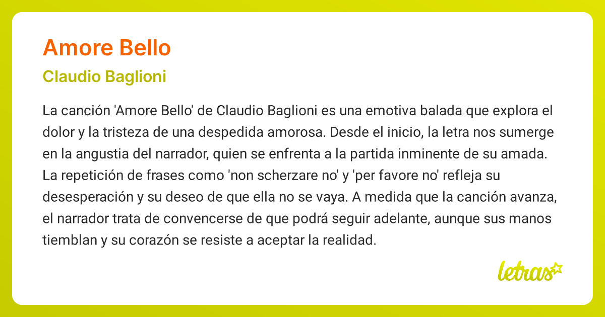 Significado de la canción AMORE BELLO (Claudio Baglioni) - LETRAS.COM