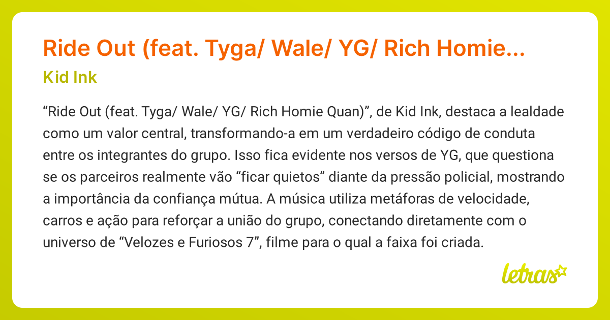 Significado da música Ride Out (feat. Tyga/ Wale/ YG/ Rich Homie Quan ...