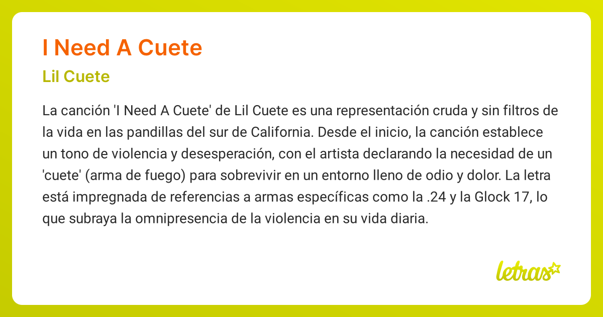 Significado de la canción I NEED A CUETE (Lil Cuete) - LETRAS.COM