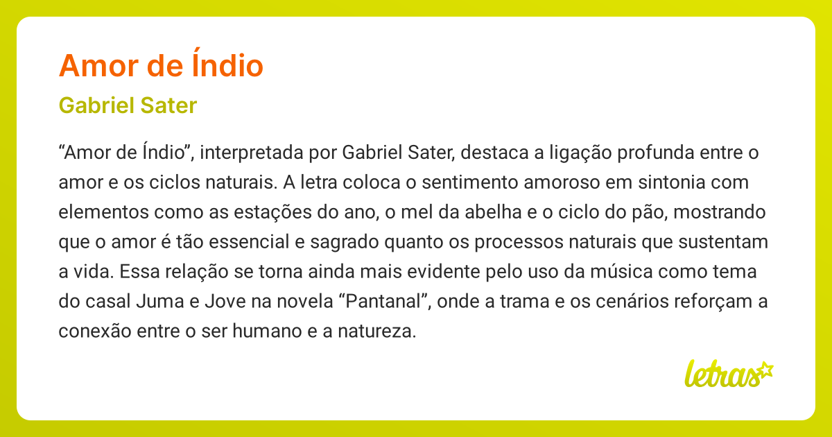 Significado da música AMOR DE ÍNDIO (Gabriel Sater) - LETRAS.MUS.BR
