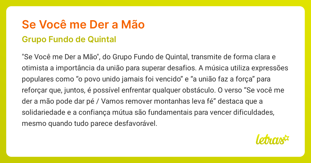 Significado da música SE VOCÊ ME DER A MÃO (Grupo Fundo de Quintal ...