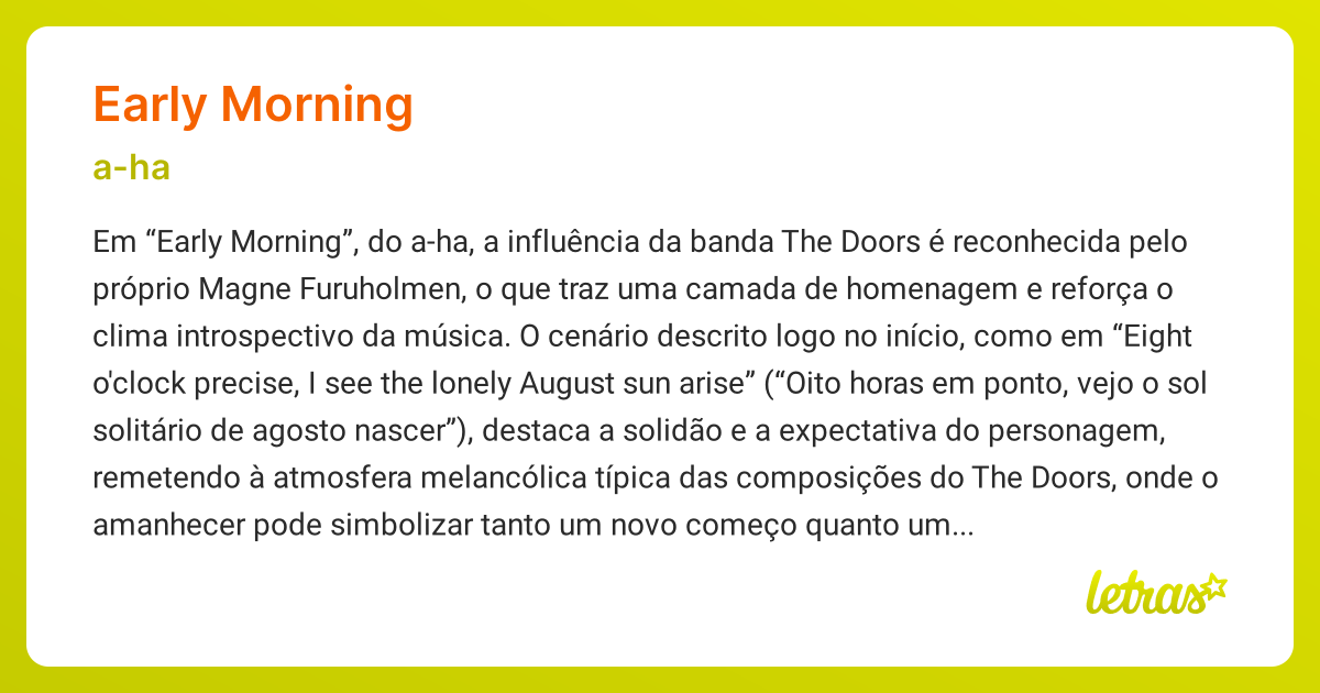 Significado da música EARLY MORNING (a-ha) - LETRAS.MUS.BR