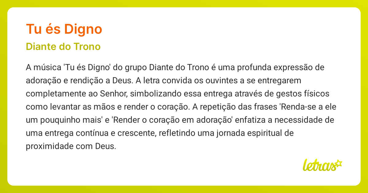 Significado da música TU ÉS DIGNO (Diante do Trono) - LETRAS.MUS.BR