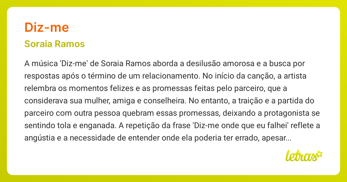 Significado da música DIZ-ME (Soraia Ramos) - LETRAS.MUS.BR