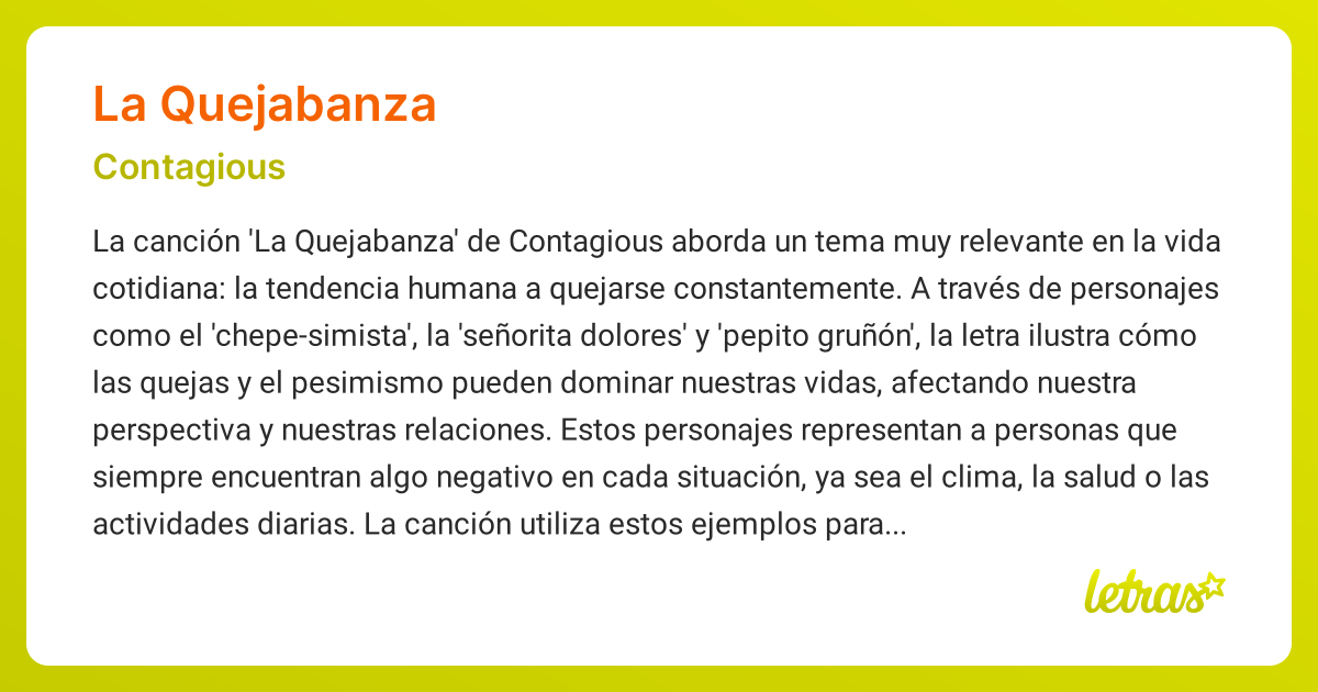 Significado de la canción LA QUEJABANZA (Contagious) - LETRAS.COM