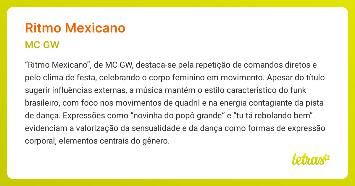 Significado da música RITMO MEXICANO (MC GW) - LETRAS.MUS.BR