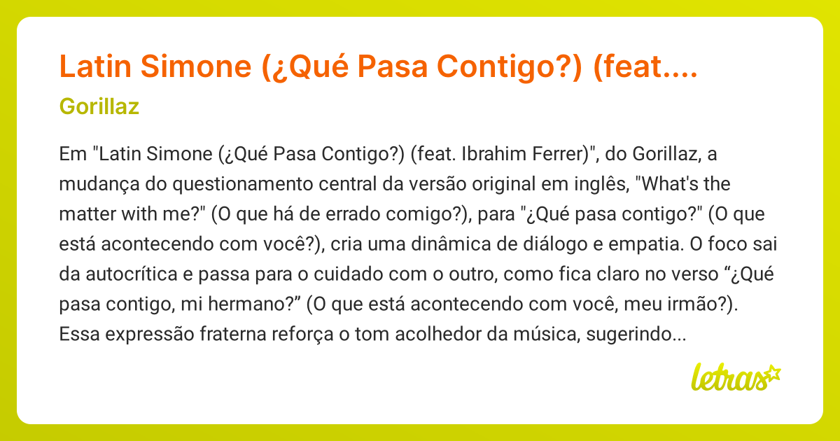 Significado da música Latin Simone (¿Qué Pasa Contigo?) (feat. Ibrahim ...