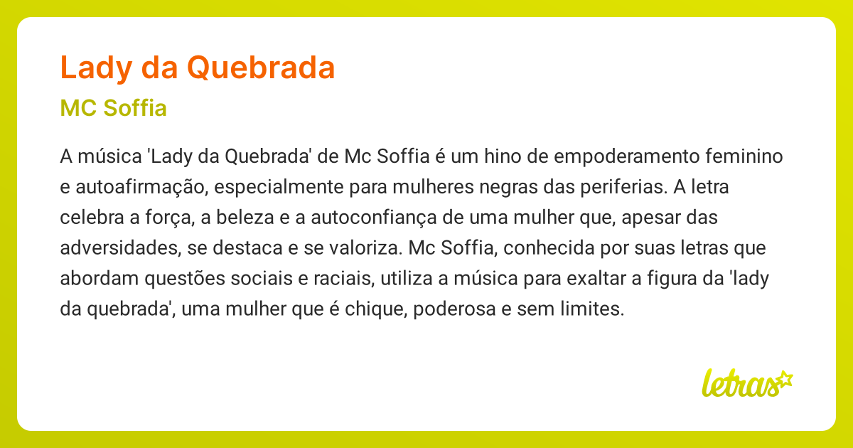 Significado da música LADY DA QUEBRADA (MC Soffia) - LETRAS.MUS.BR