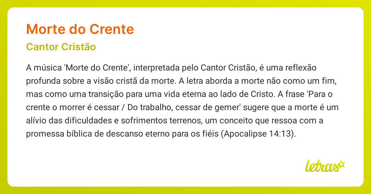 Significado da música MORTE DO CRENTE (Cantor Cristão) - LETRAS.MUS.BR