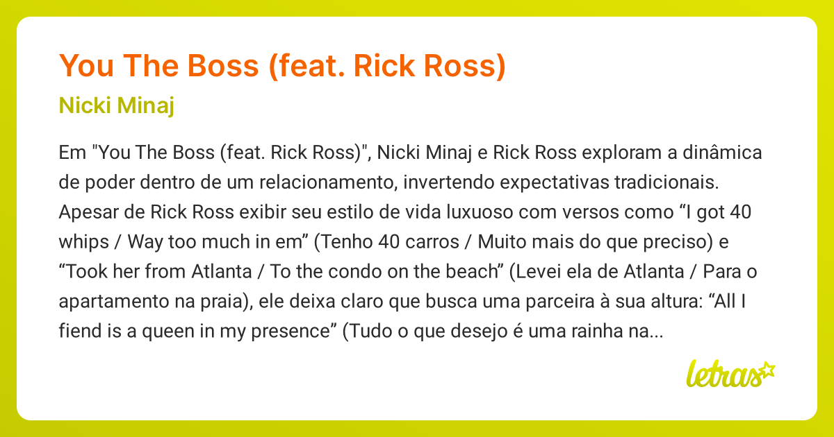 Significado da música YOU THE BOSS (FEAT. RICK ROSS) (Nicki Minaj ...