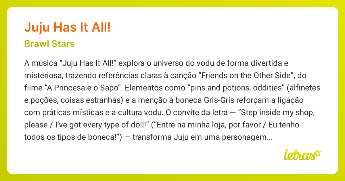 Significado da música JUJU HAS IT ALL! (Brawl Stars) - LETRAS.MUS.BR