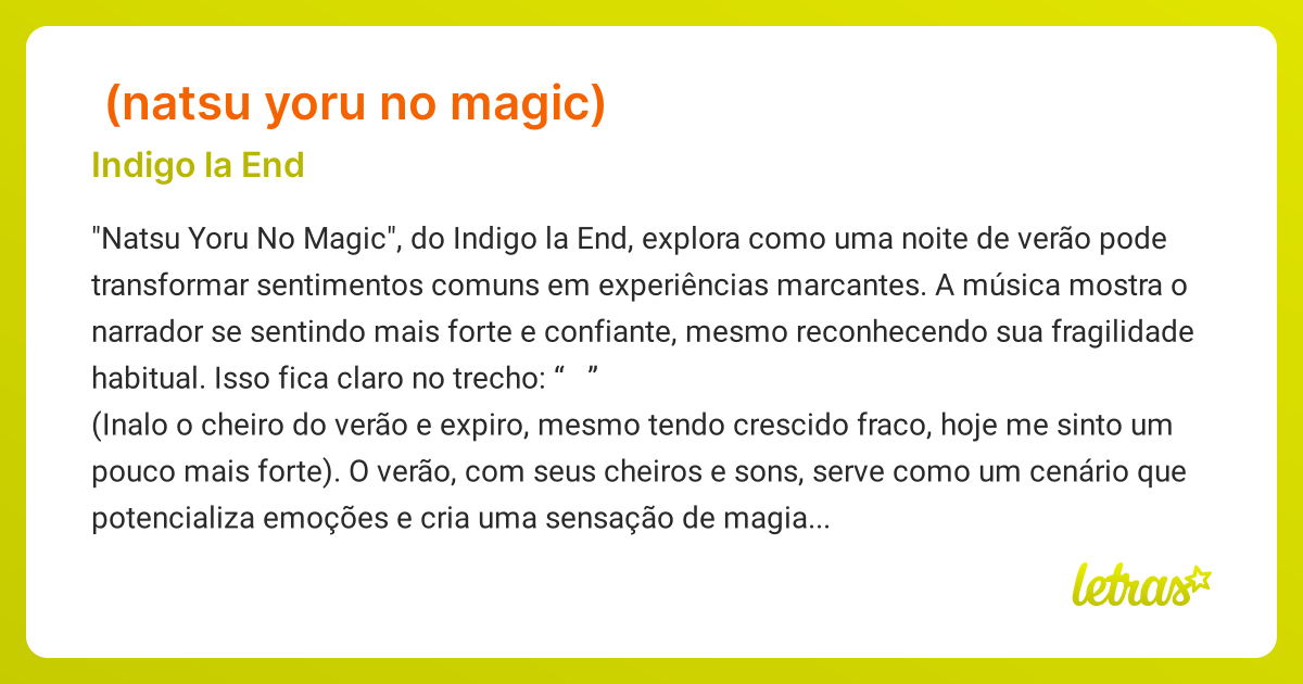 Significado da música 夏夜のマジック (natsu yoru no magic) (Indigo la End ...