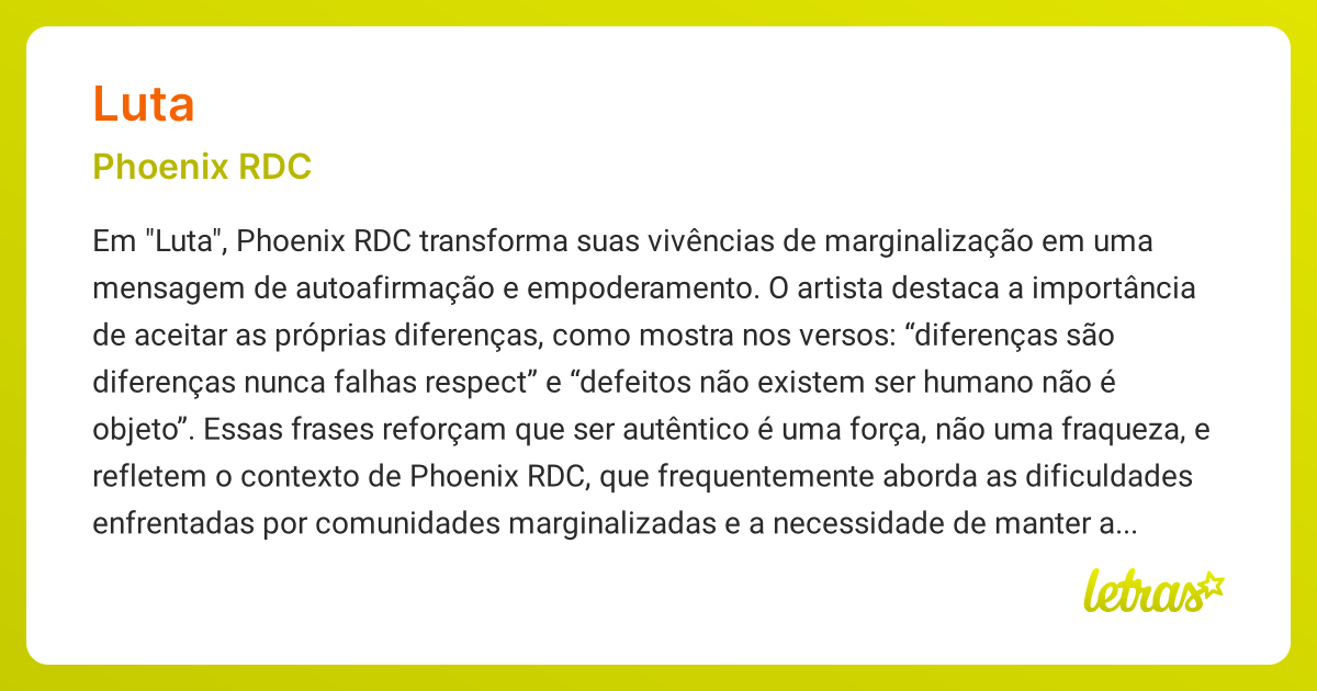 Significado da música LUTA (Phoenix RDC) - LETRAS.MUS.BR