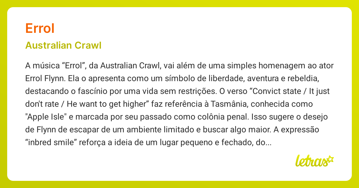 Significado da música ERROL (Australian Crawl) - LETRAS.MUS.BR