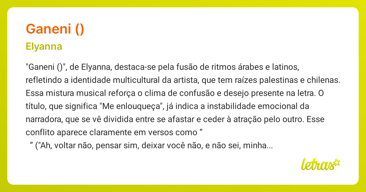 Significado da música GANENI (جنني) (Elyanna) - LETRAS.MUS.BR