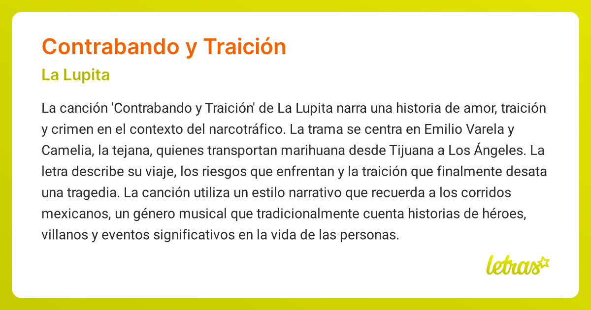 Significado de la canción CONTRABANDO Y TRAICIÓN (La Lupita) - LETRAS.COM
