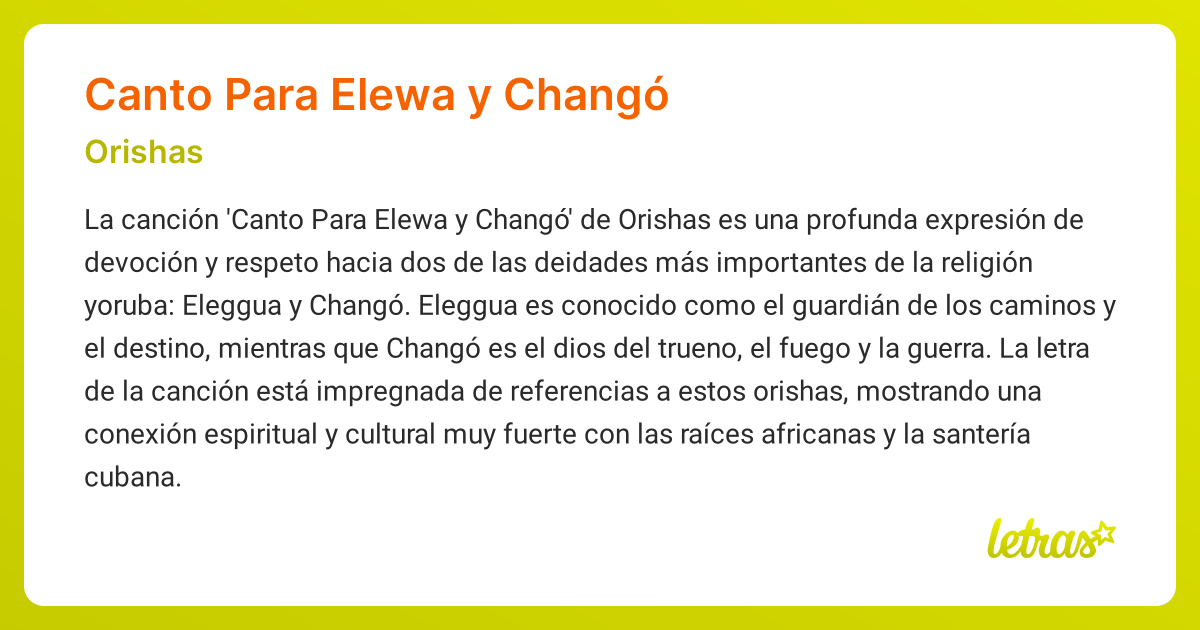 Significado de la canción CANTO PARA ELEWA Y CHANGÓ (Orishas) - LETRAS.COM