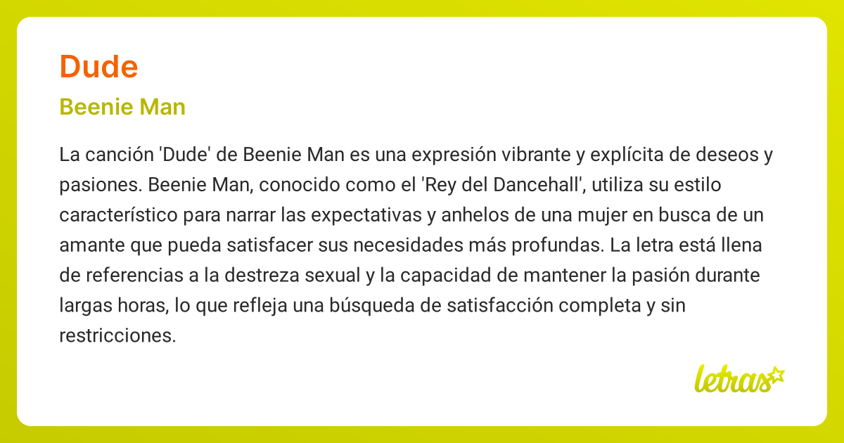 Significado de la canción DUDE (Beenie Man) - LETRAS.COM