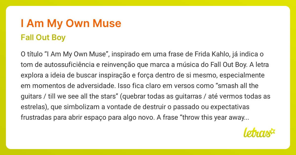 Significado da música I AM MY OWN MUSE (Fall Out Boy) - LETRAS.MUS.BR