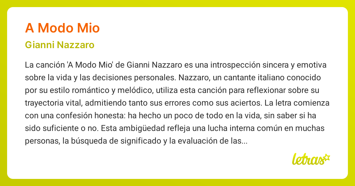 Significado de la canción A MODO MIO (Gianni Nazzaro) - LETRAS.COM