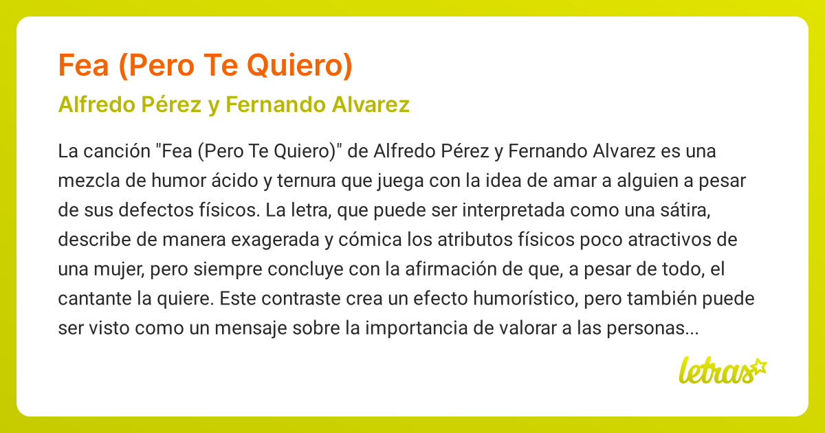Significado de la canción FEA (PERO TE QUIERO) (Alfredo Pérez y ...
