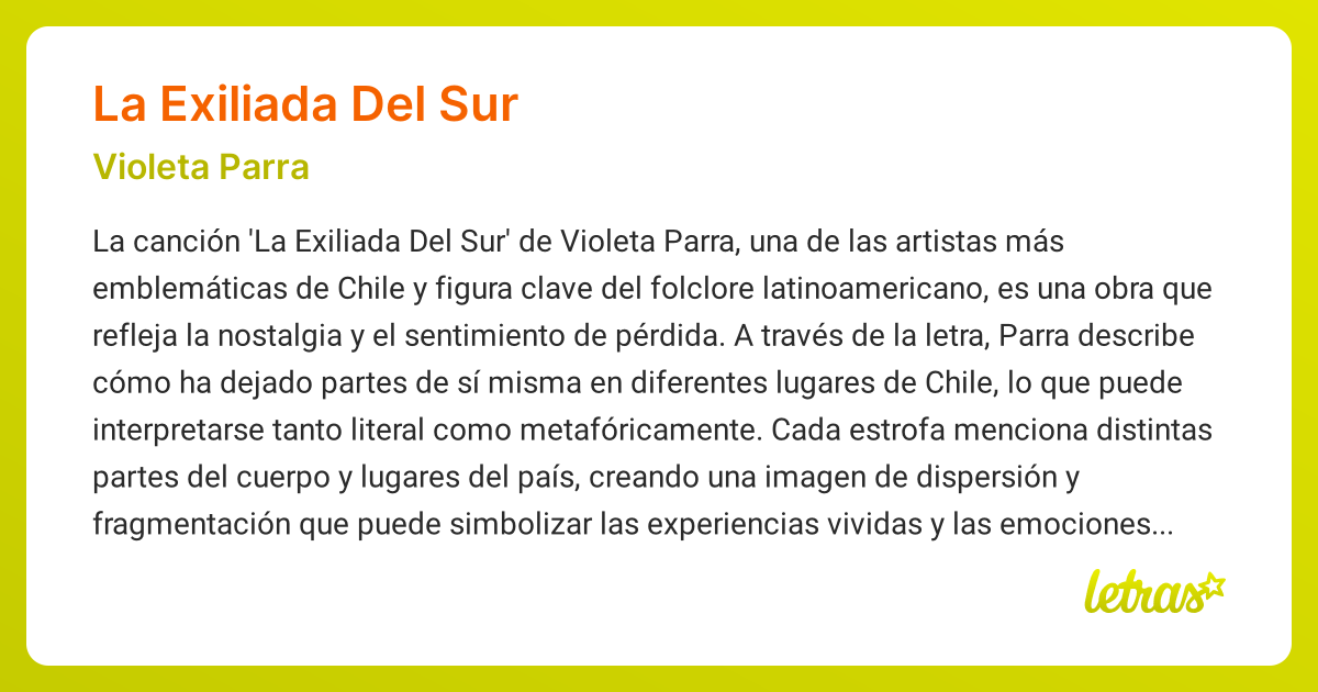 Significado de la canción LA EXILIADA DEL SUR (Violeta Parra) - LETRAS.COM