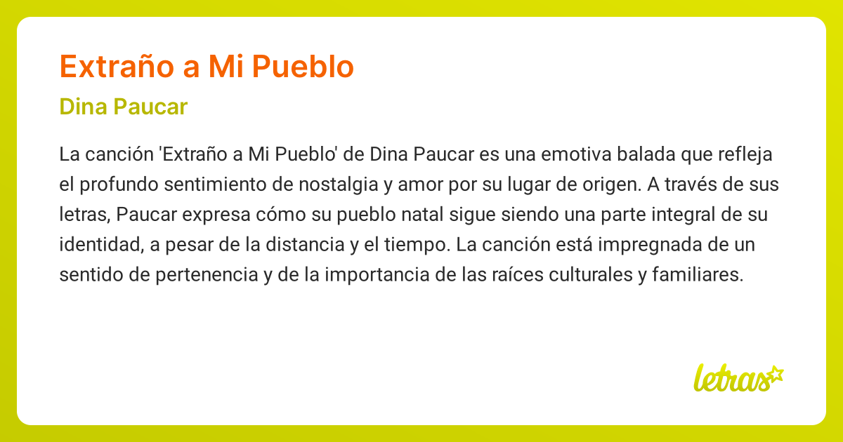 Significado de la canción EXTRAÑO A MI PUEBLO (Dina Paucar) - LETRAS.COM