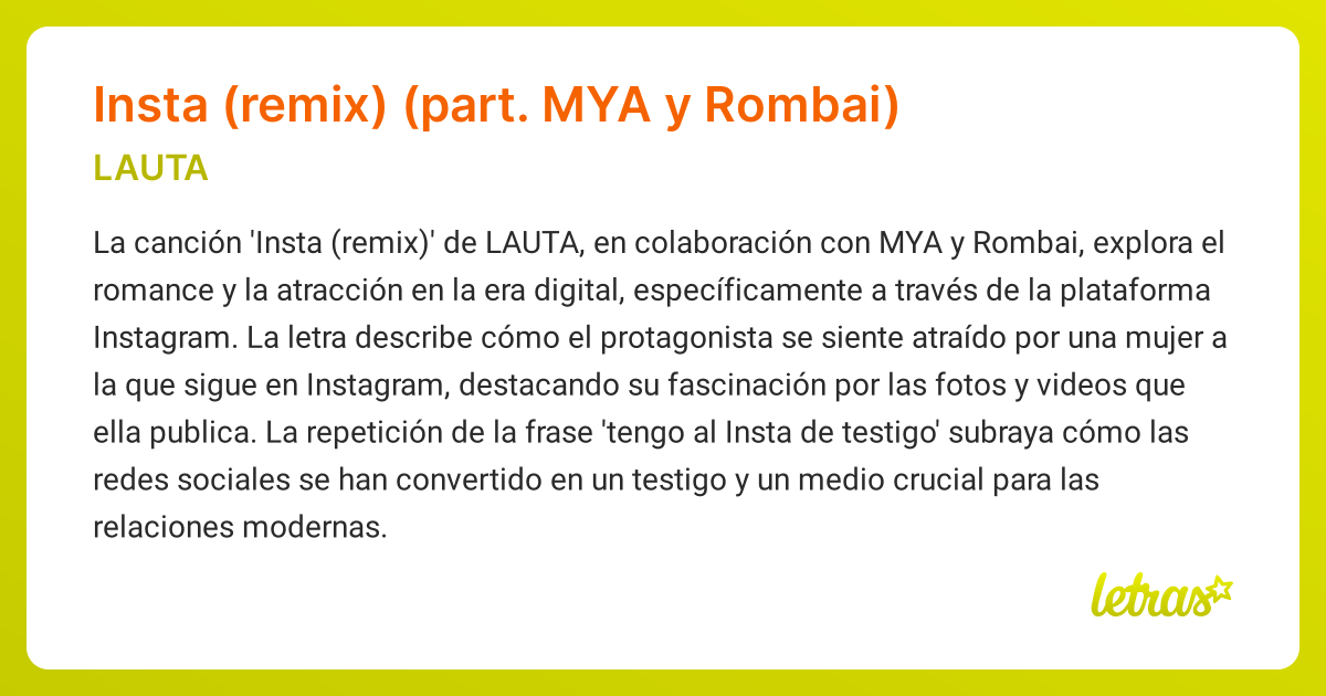 Significado de la canción Insta (remix) (part. MYA y Rombai) (LAUTA ...